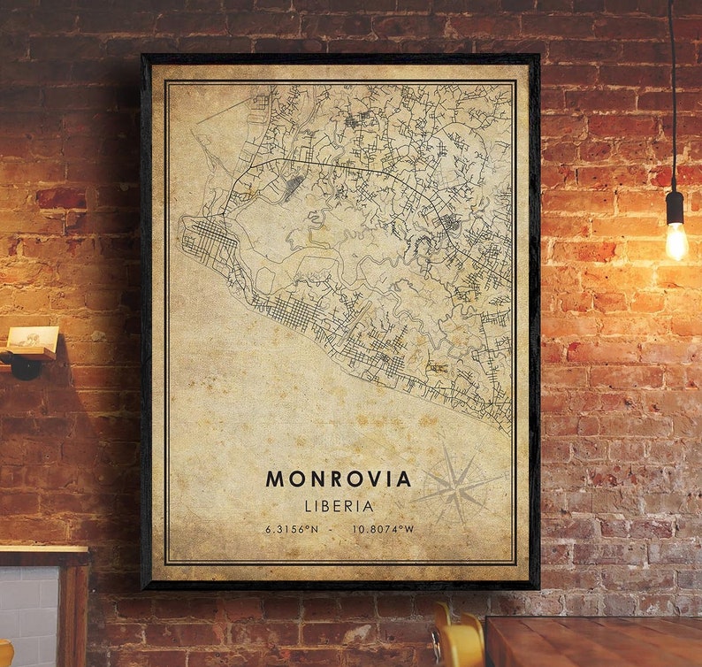 Monrovia Vintage Map Print | Monrovia Liberia Map Art | Monrovia City ...