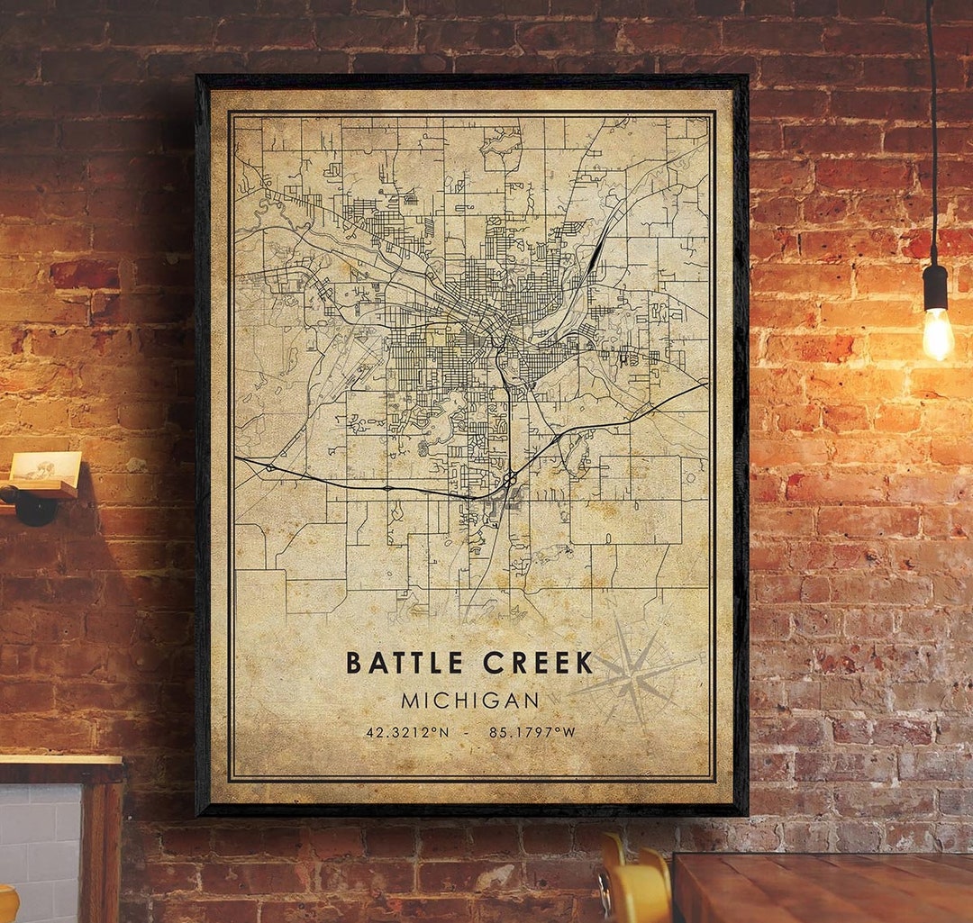 Battle Creek Vintage Map Print | Battle Creek Map | Michigan Map Art ...