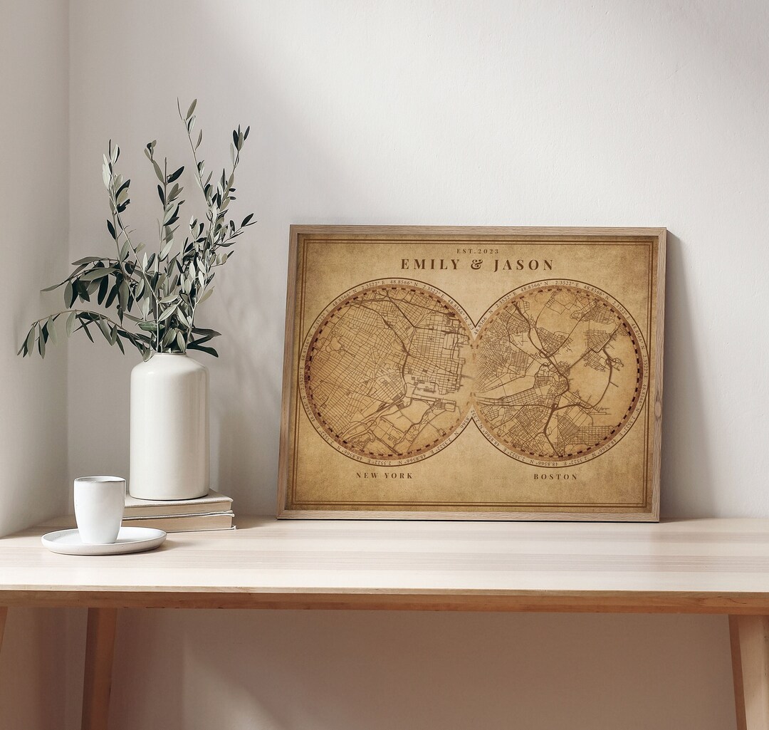 Custom Vintage Map Print 2 Locations Custom Map Custom Map - Etsy