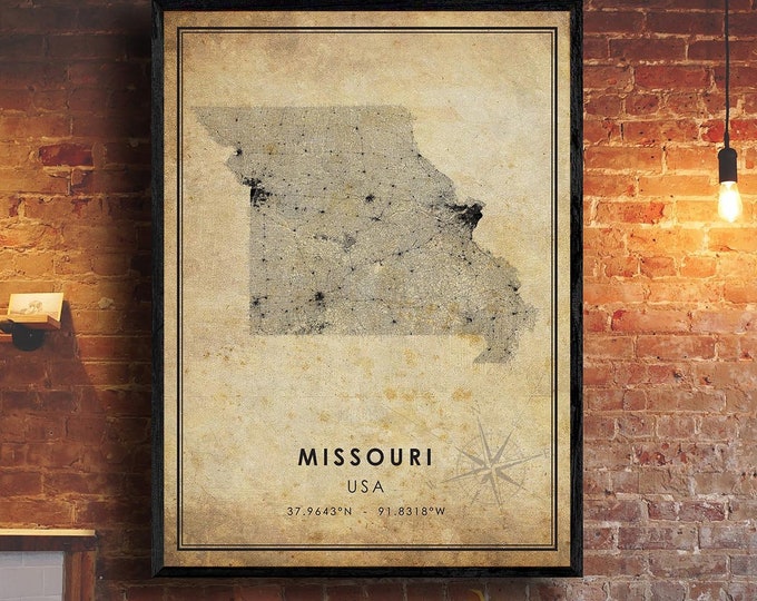 Missouri Vintage Style Map Print, Missouri Map Poster, Gift, Missouri ...