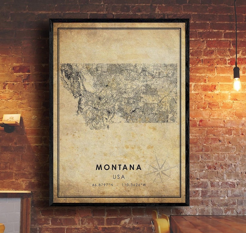 Montana Vintage Map Print Montana Map Usa State Map Art Etsy