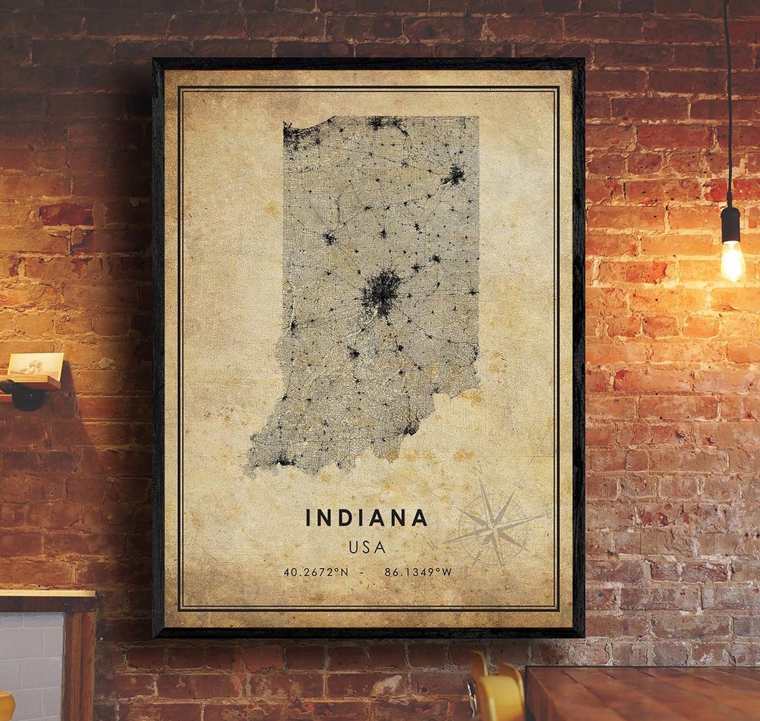 Indiana Vintage Map Print | Indiana Map Art | Indiana City Road Map ...
