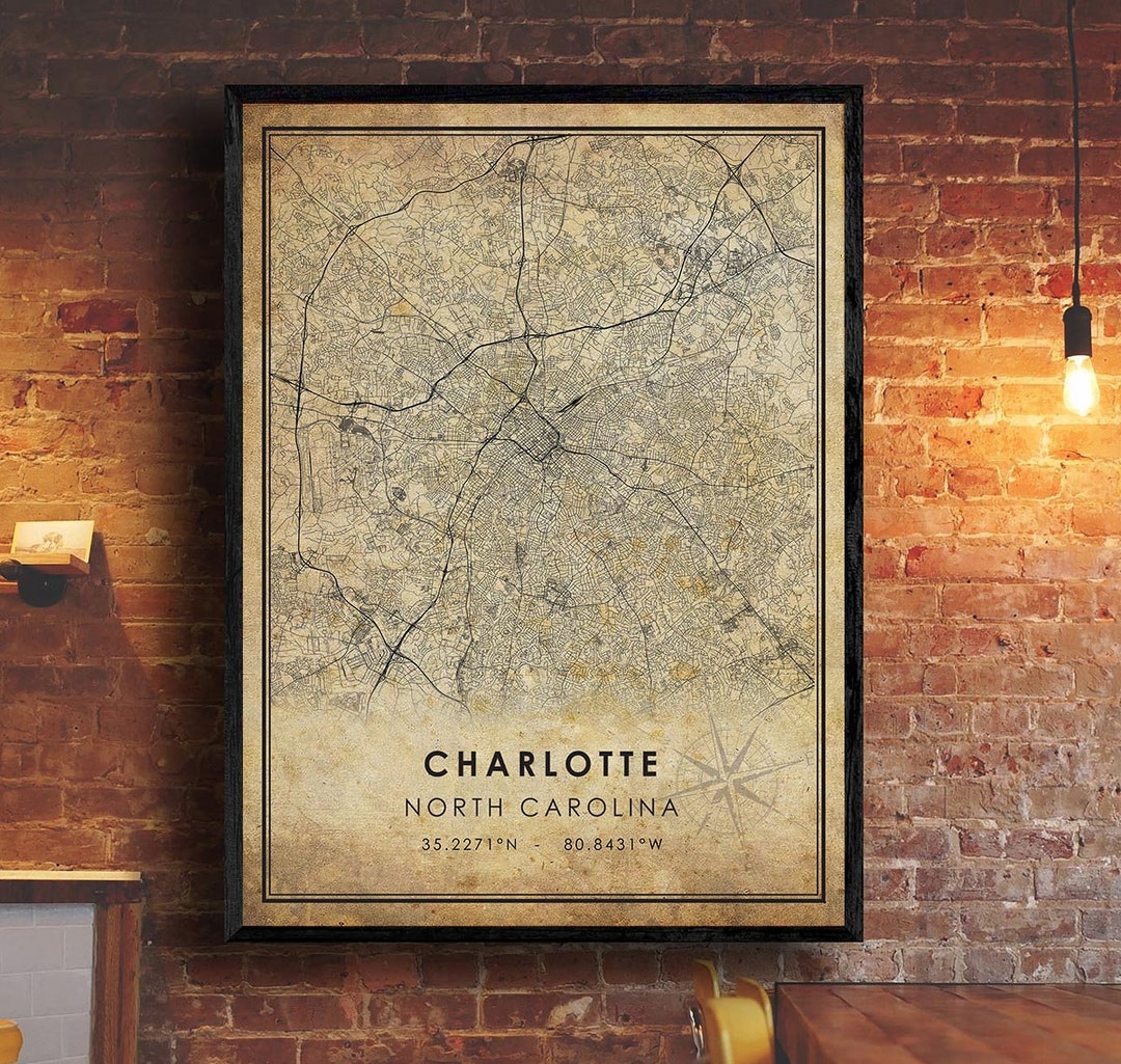 Charlotte Vintage Map Print | Charlotte Map | North Carolina Map Art ...