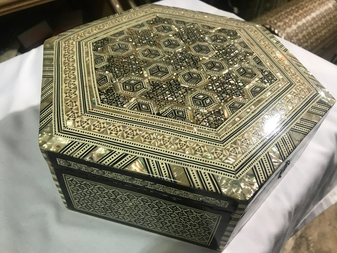 Egyptian Wood Jewelry Box Inlaid Mother of Pearl Handmade 11.6 - Etsy