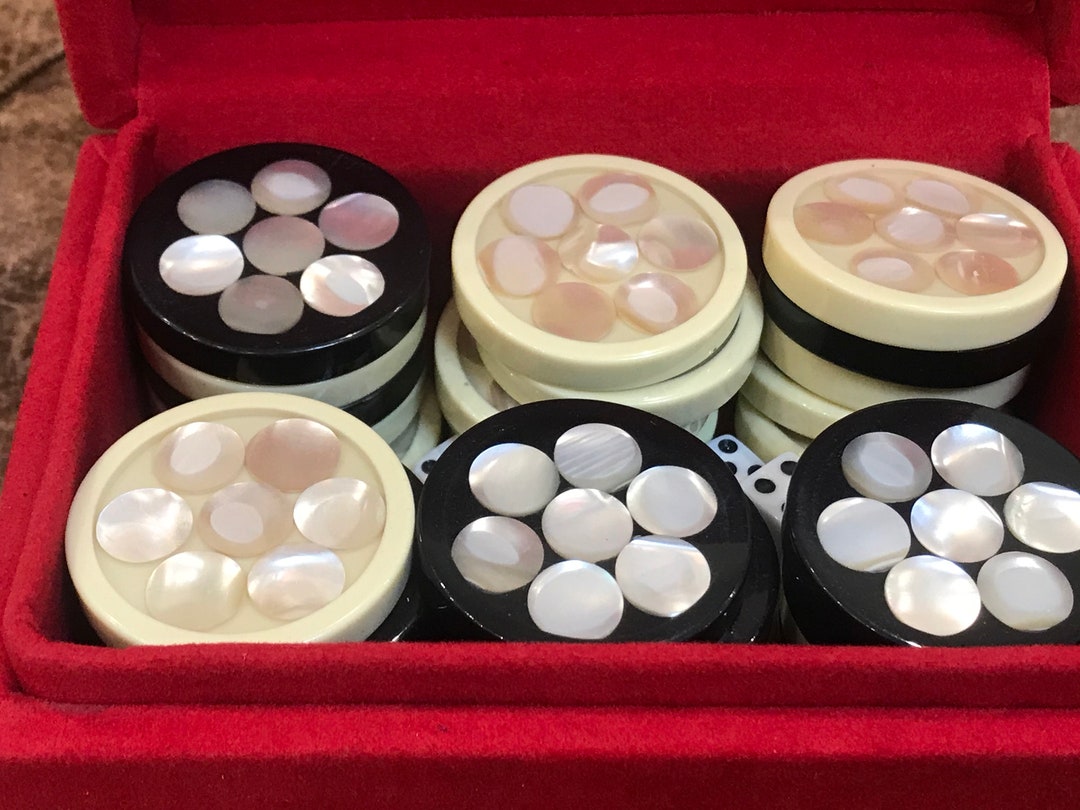 1.18 Inch 30 Backgammon Pieces Checkers Inlaid Pearl + Dices Handmade ...