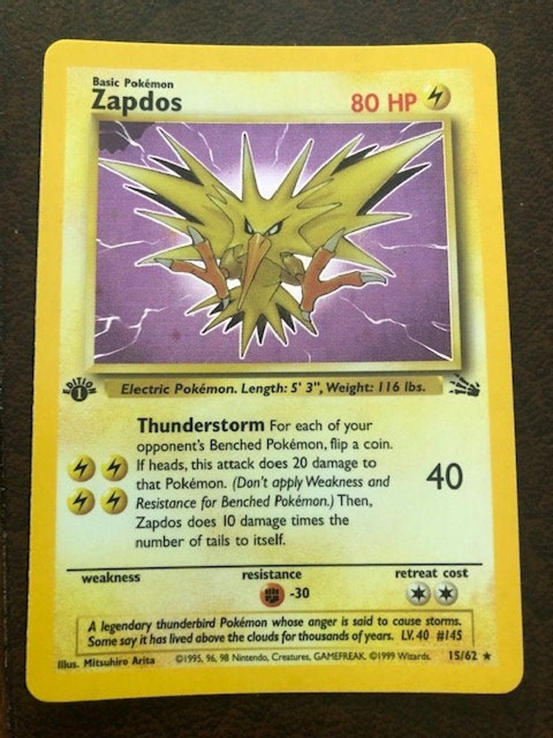 Pokemon Zapdos Edition 1 Holographic Card, Wizards of the Coast, 1999 ...