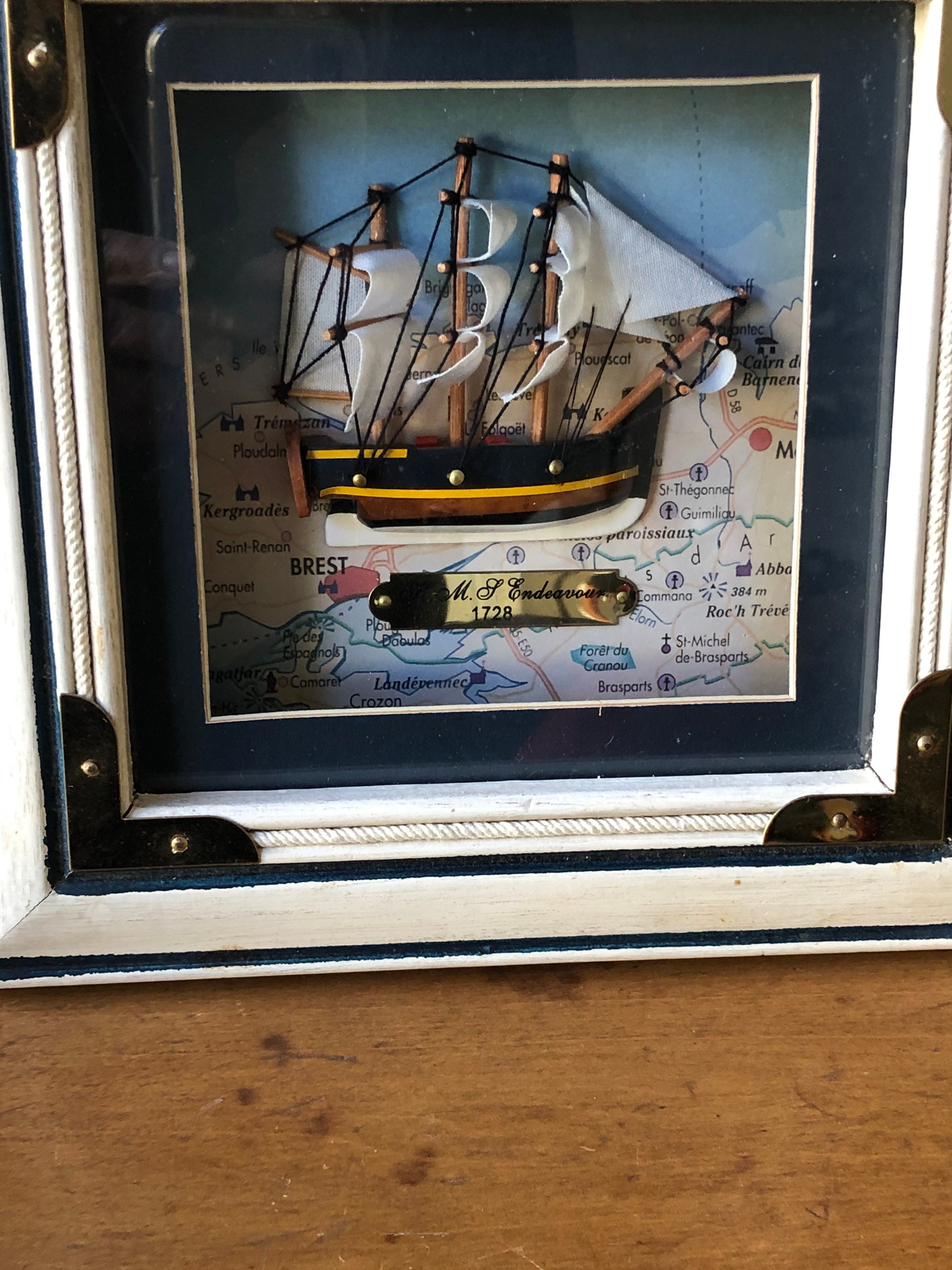 Vintage Ship Shadow Box, H.M.S. Endeavor 1728 Replica of Sailing Ship ...