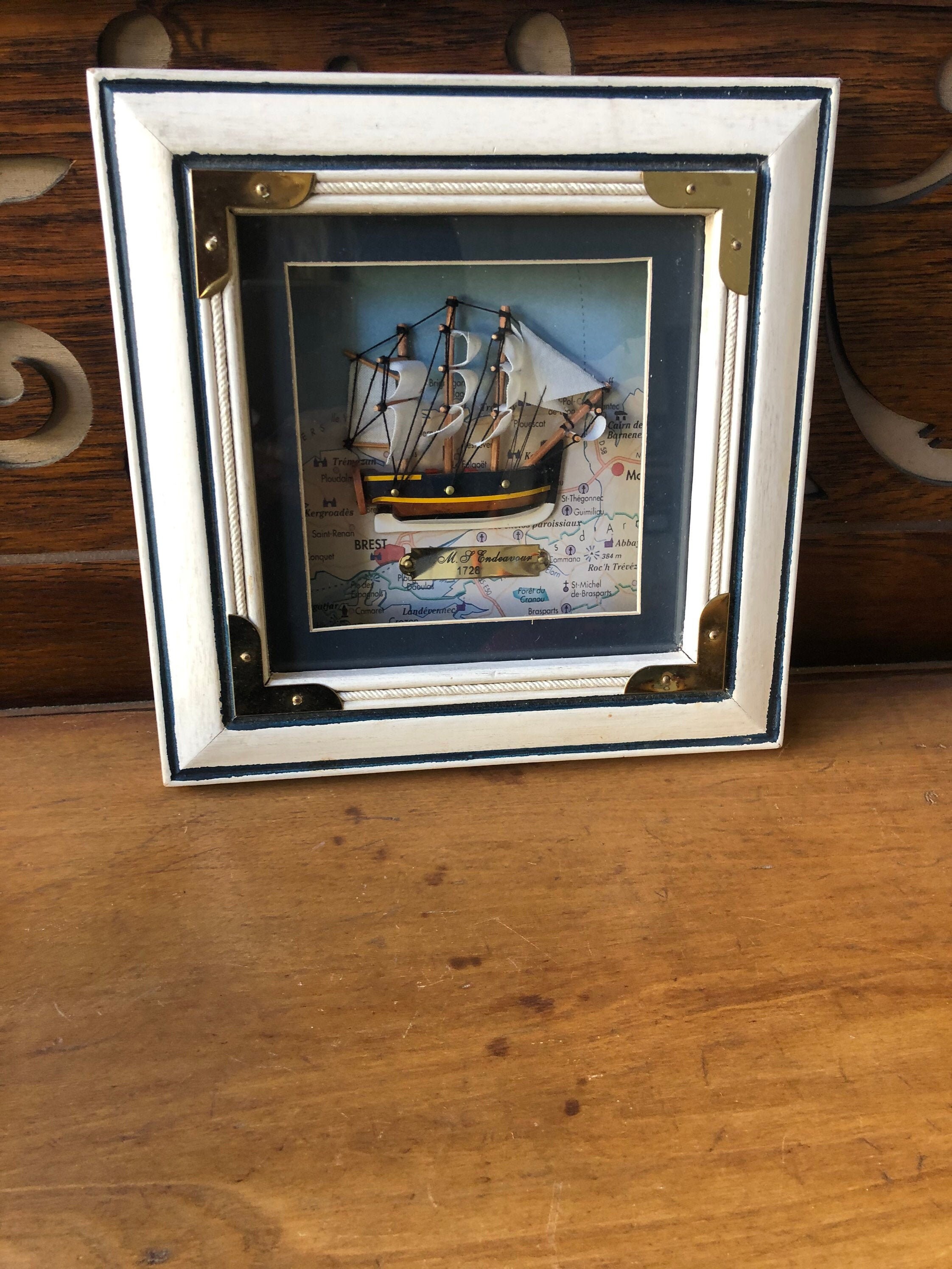 Vintage Ship Shadow Box, H.M.S. Endeavor 1728 Replica of Sailing Ship ...