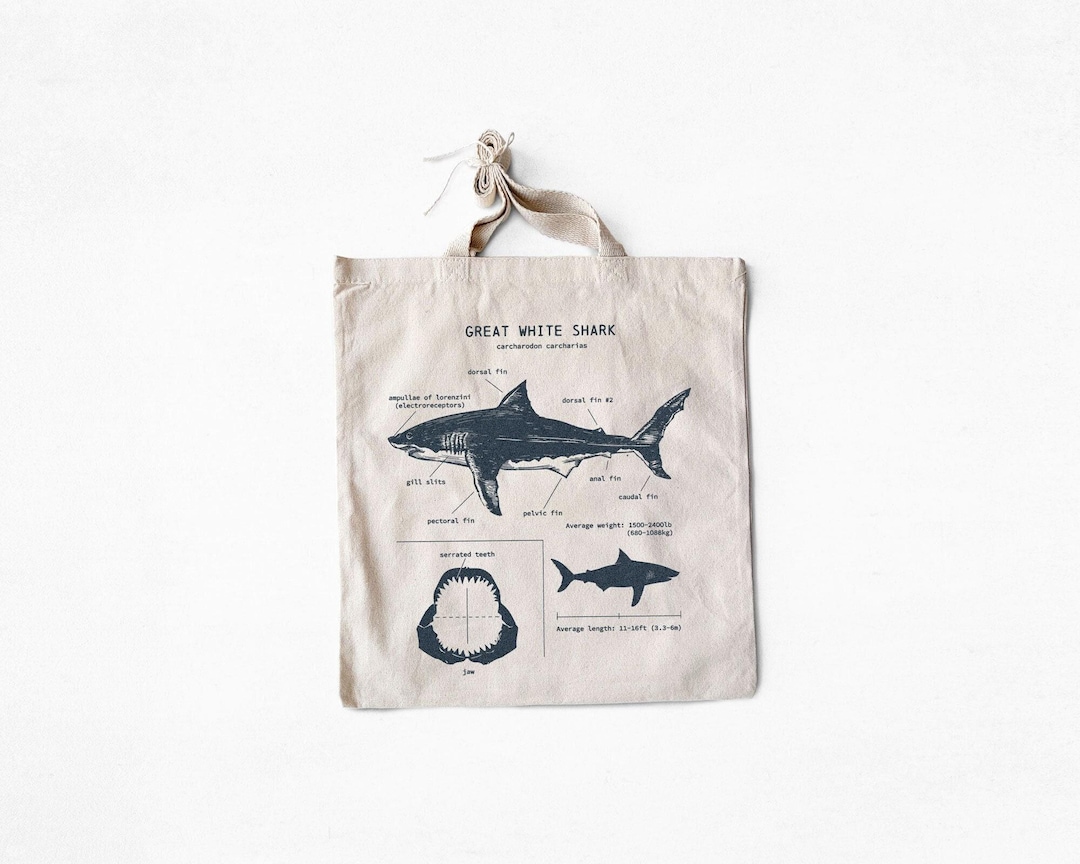 Great White Shark Anatomy Tote Bag, Screen Printed Shark Tote Bag ...