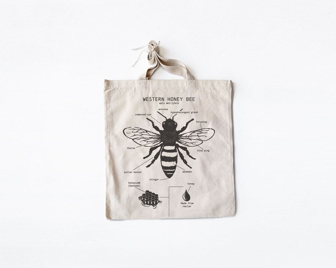 Honey Bee Anatomy Tote Bag, Western Honey Bee Natural Tote Bag, Farmers ...