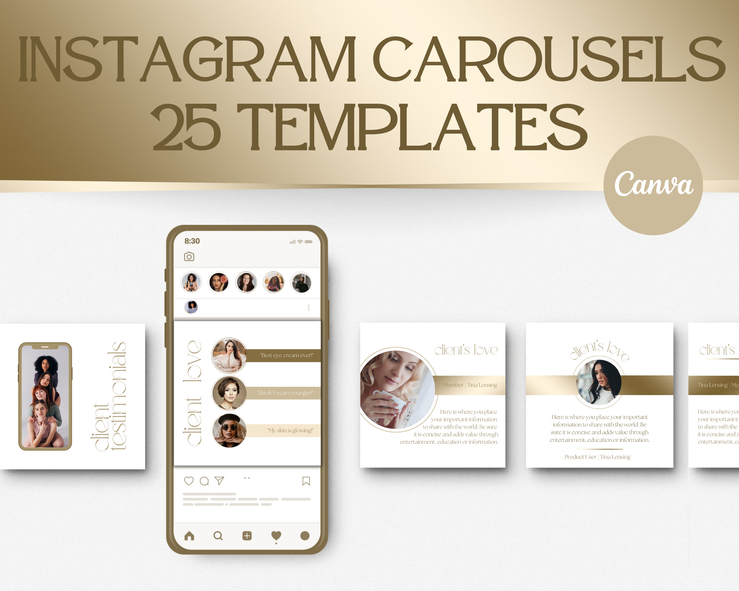 25 Luxury Instagram Carousel Templates in Gold, Tan and White | Social ...