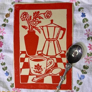 Moka Pot Latte Linocut Print- March Lino Print - Etsy