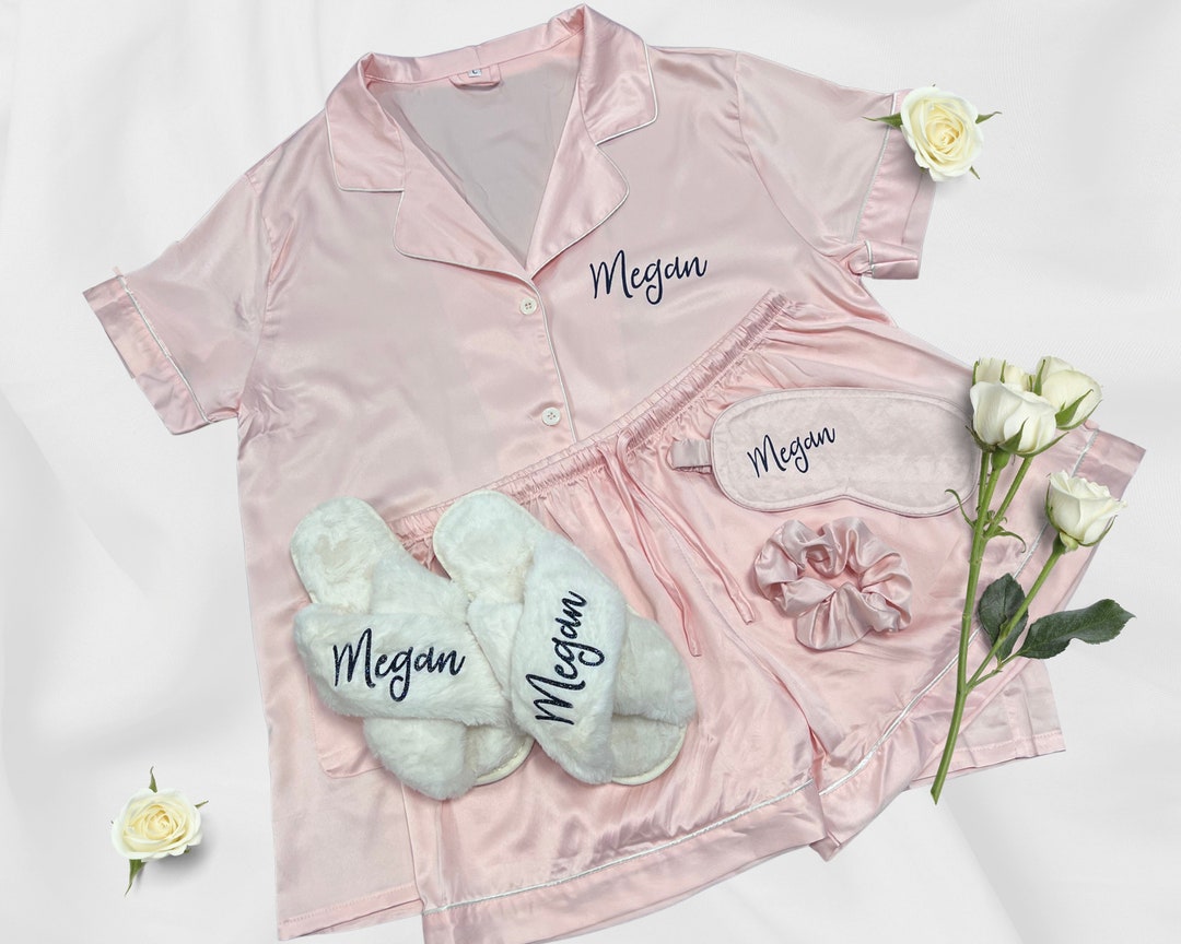 XS-XL Softest Personalized Satin Pajamas With Eye Masks and Slippers ...