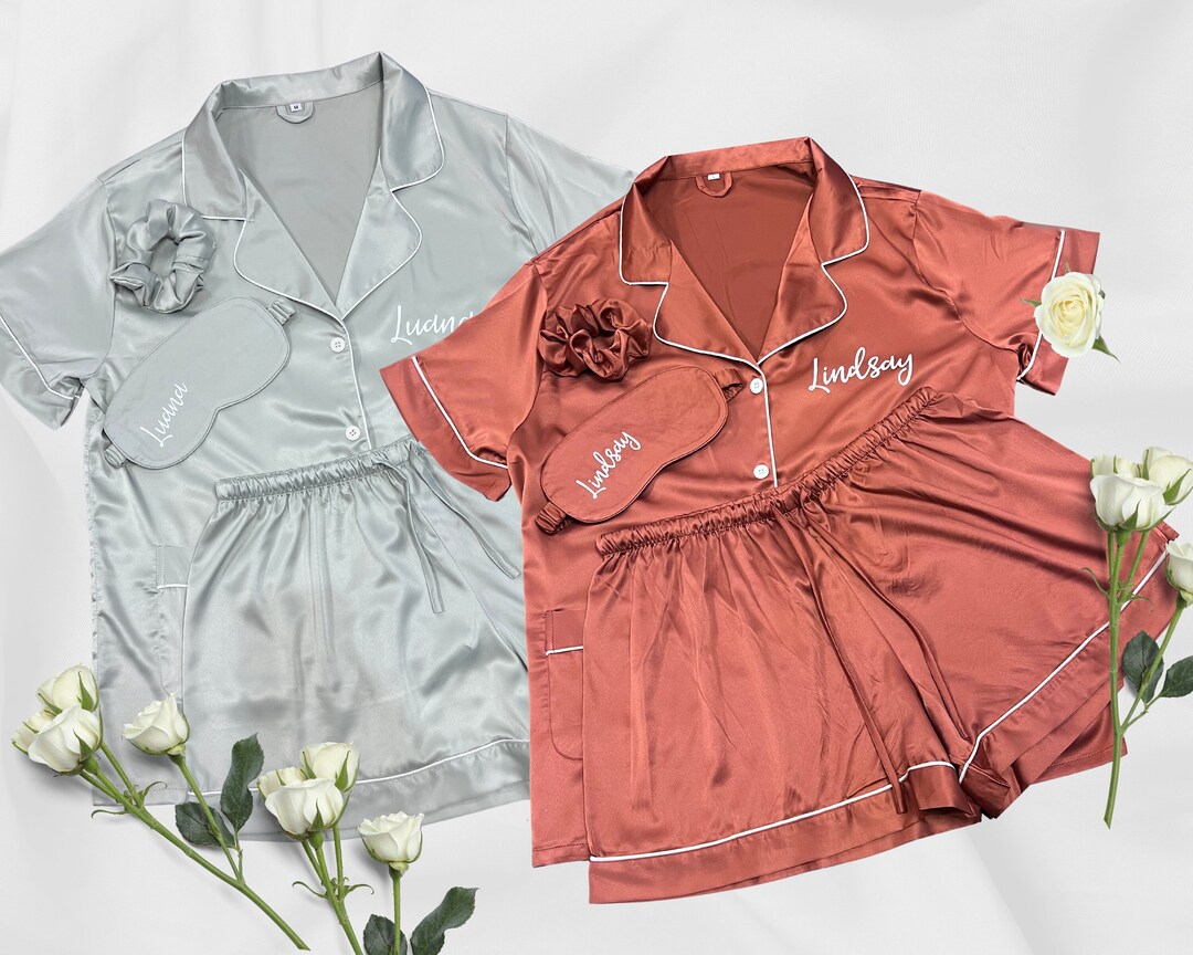 Personalized Short Satin Pajamas With Eye Masks and Slippers ...