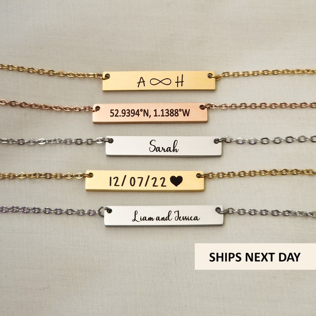Personalised Bar Necklace . Custom Engraved . Name Necklace . Date ...