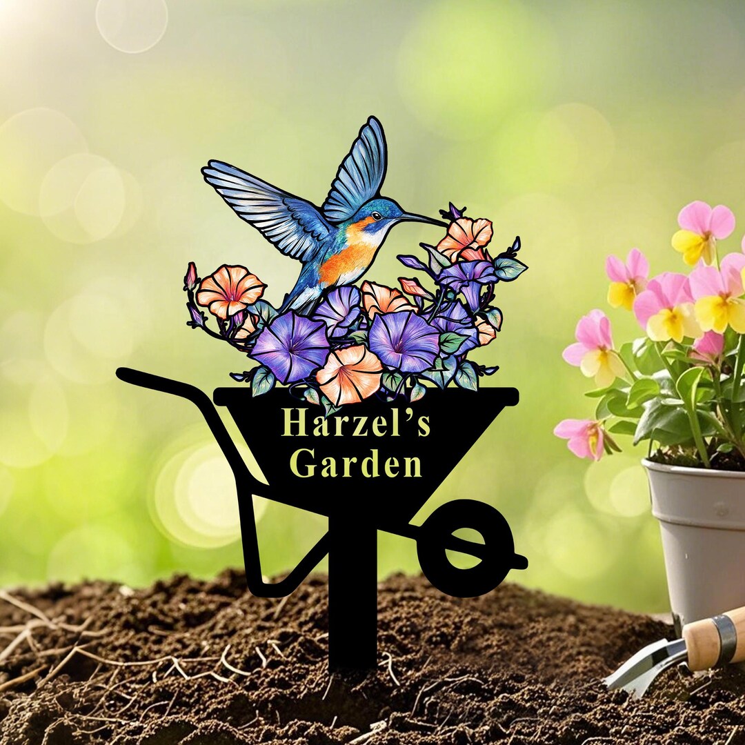 Custom Hummingbird Metal Garden Stake, Personalized Garden Name Sign ...