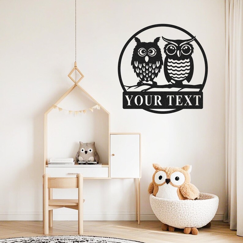 Custom Owl Metal Sign,owl Metal Wall Decor,owl Monogram Sign,two Owls ...