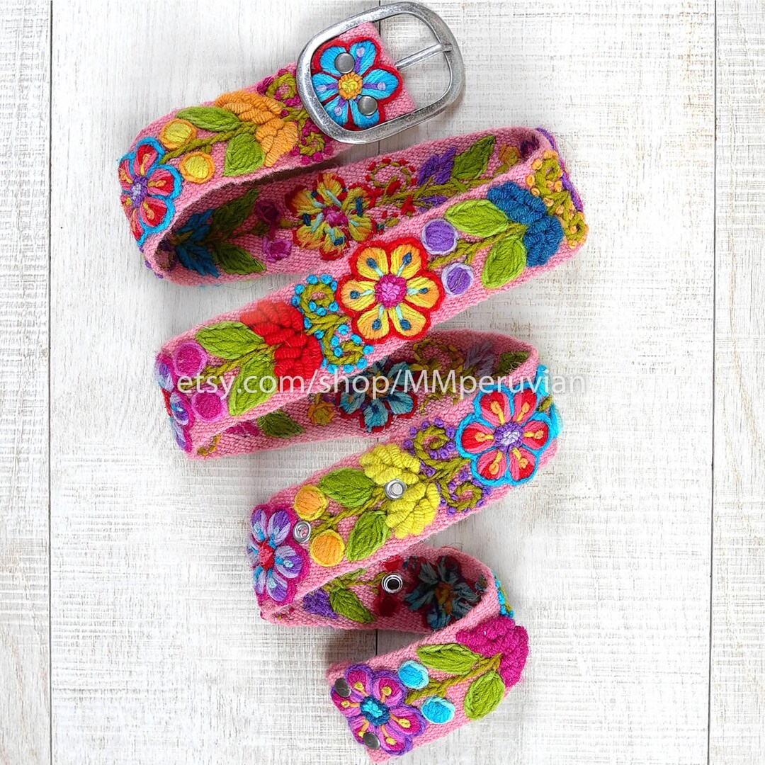 Hand Embroidered Belt Floral Pink, Wool Embroidered Belts, Floral ...
