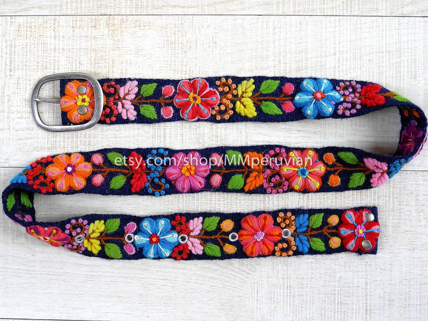 Peruvian Embroidered Belt Floral Blue, Wool Embroidered Belts, Floral ...