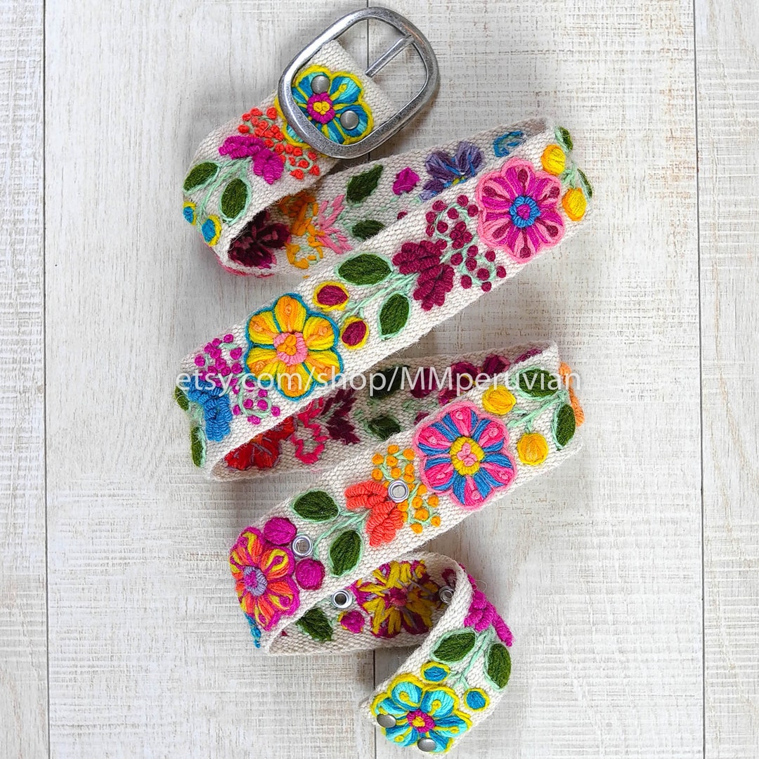 Peruvian Embroidered Belt Floral White, Wool Embroidered Belts, Floral ...