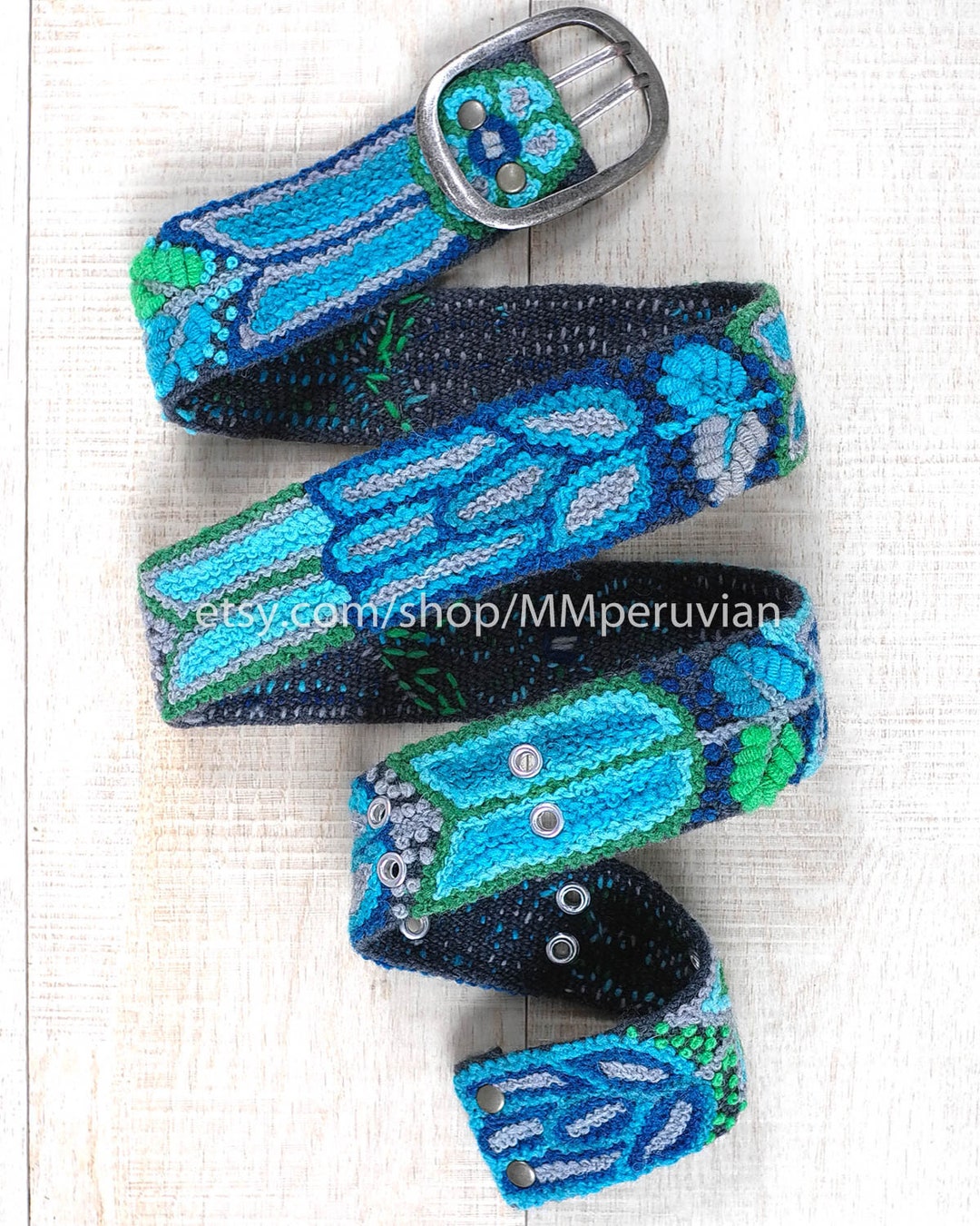 Peruvian Embroidered Belt Floral Blue Ocean, Wool Embroidered Belts ...