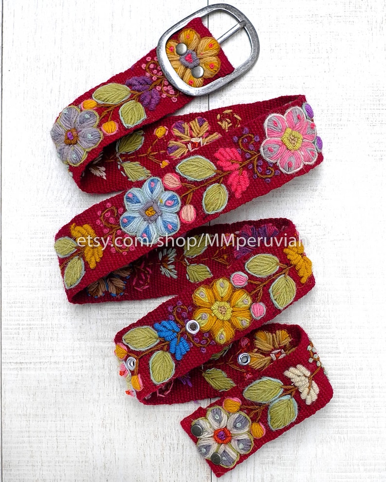 Peruvian Embroidered Belt Floral RED Natural Organic Dyes , Belt ...