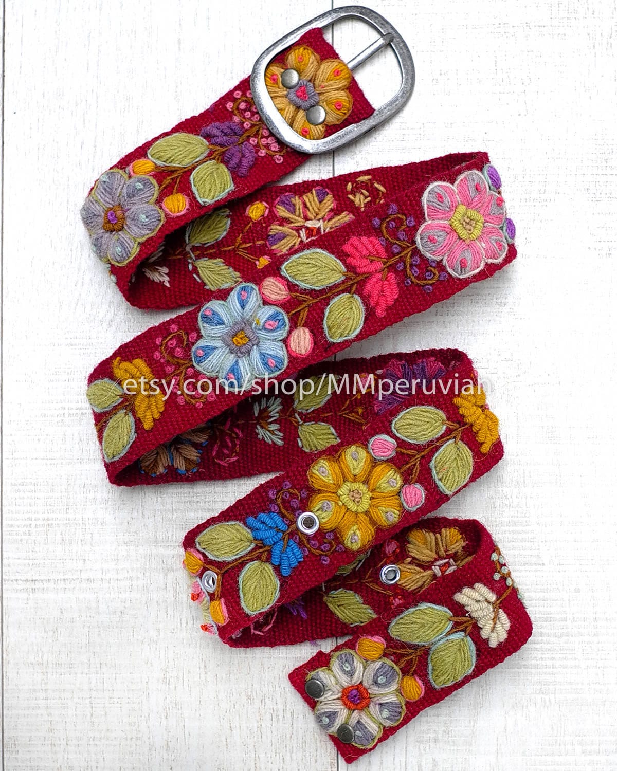 Peruvian embroidered belt floral RED natural organic dyes | Etsy