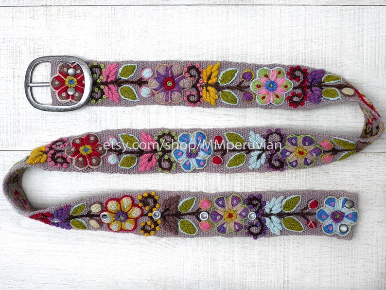 Peruvian Embroidered Belt Floral GRAY Natural Organic Dyes , Belt ...