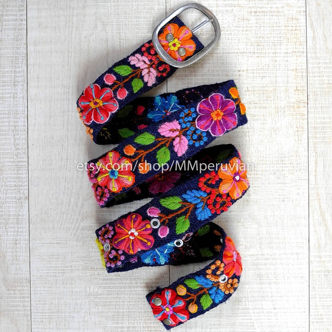 Peruvian Embroidered Belt Floral Blue, Wool Embroidered Belts, Floral ...
