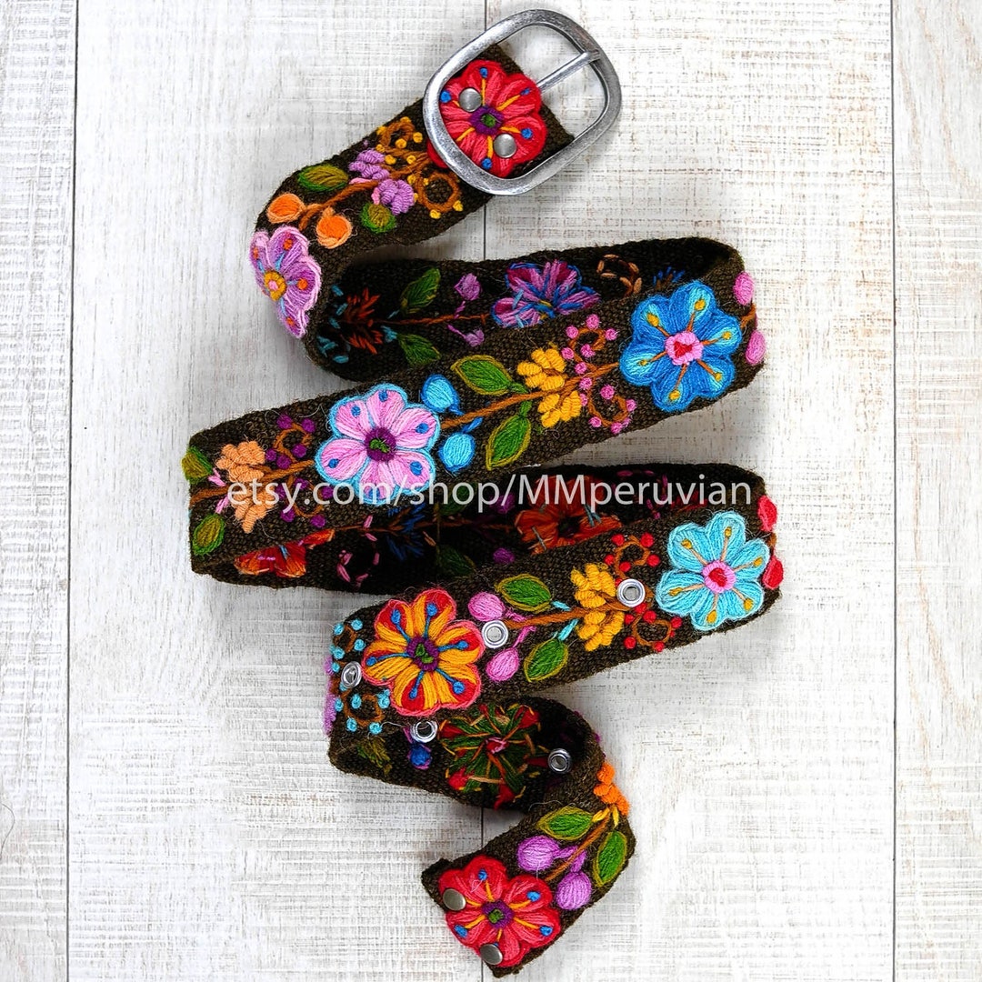 Peruvian Embroidered Belt Floral Brown, Wool Embroidered Belts, Floral ...