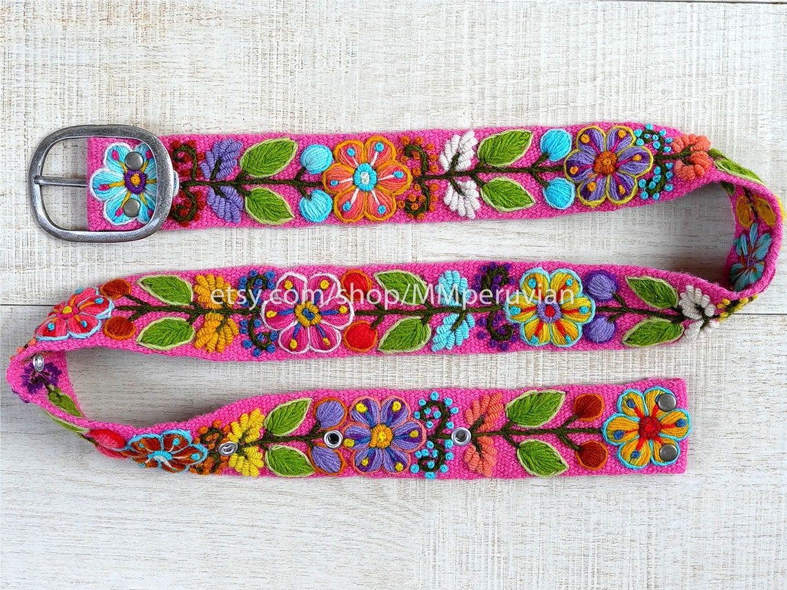 Peruvian embroidered belt floral Brown wool embroidered | Etsy