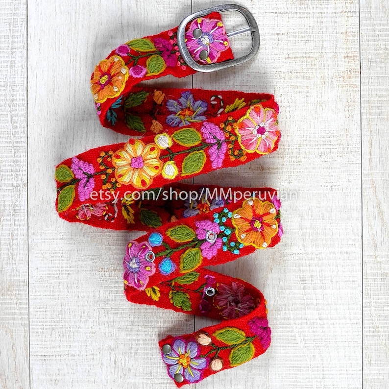Peruvian Embroidered Belt Floral Red Wool Embroidered Belts - Etsy