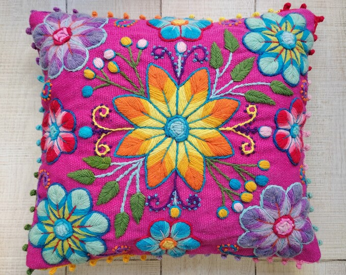 Accent Pillow, Floral Boho Cushion, Hand Embroidered Pillowcase ...
