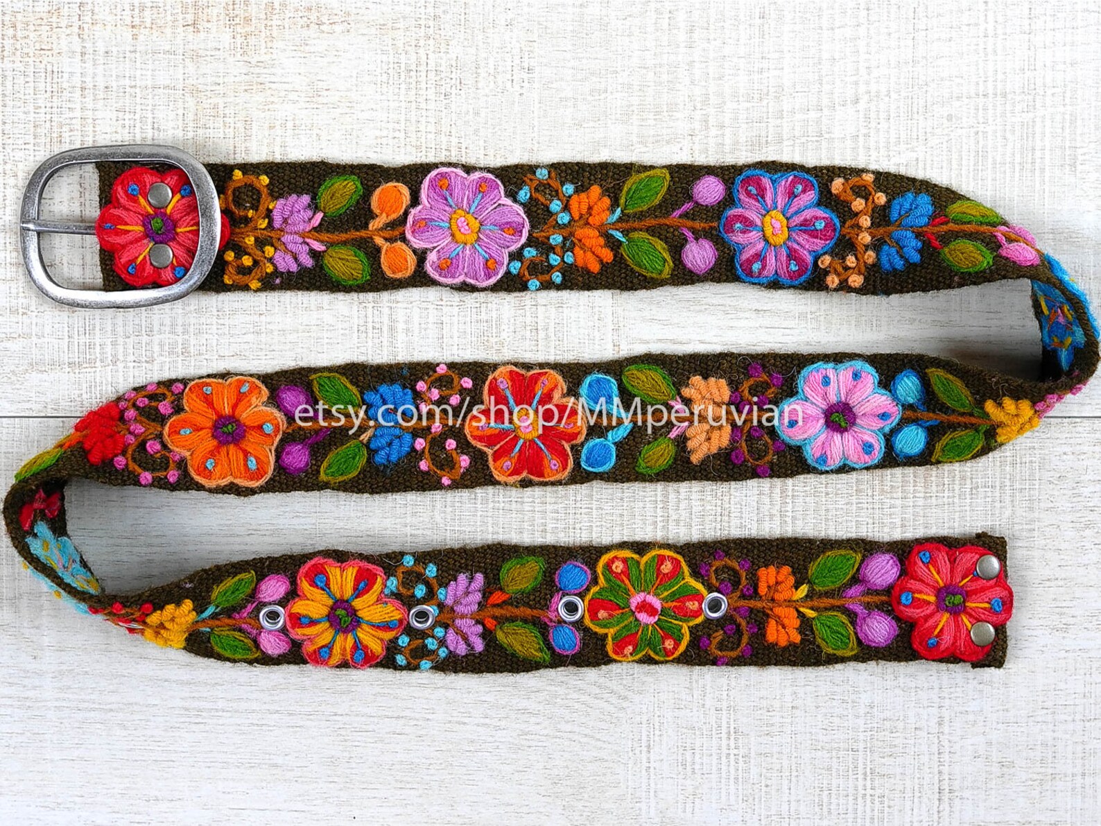 Peruvian Embroidered Belt Floral Brown Wool Embroidered - Etsy