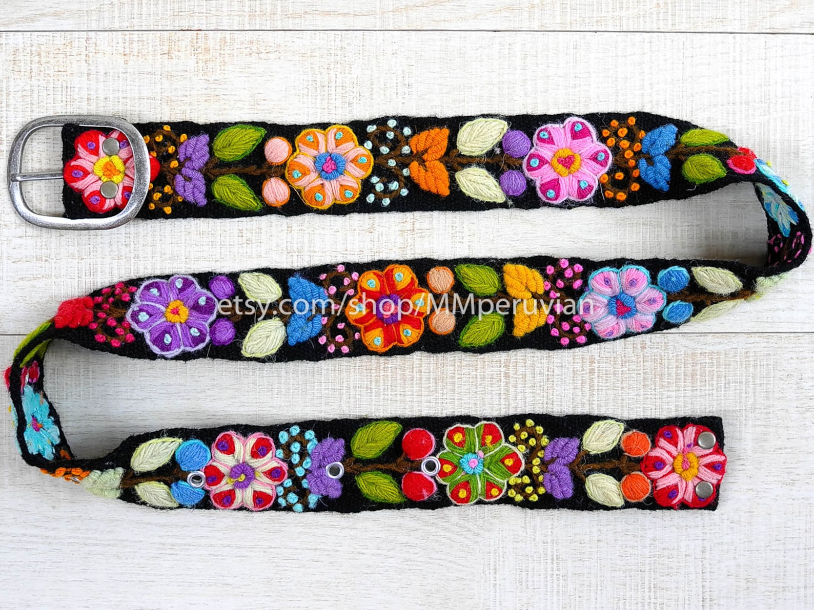 Peruvian Embroidered Belt Floral Black, Wool Embroidered Belts, Floral ...