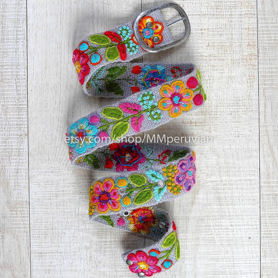 Peruvian Embroidered Belt Floral Gray, Wool Embroidered Belts, Floral ...