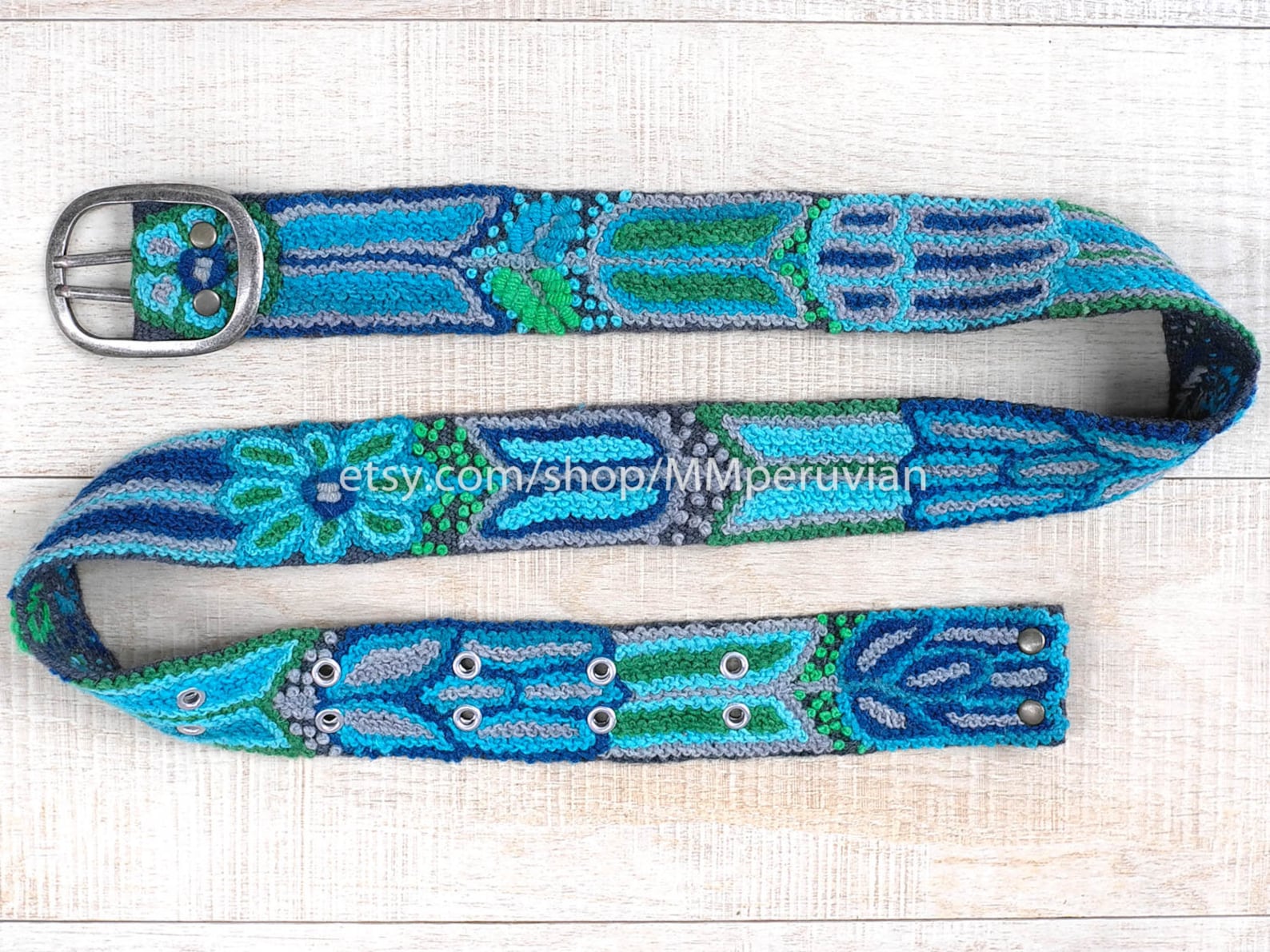 Peruvian Embroidered Belt Floral Blue Ocean, Wool Embroidered Belts ...