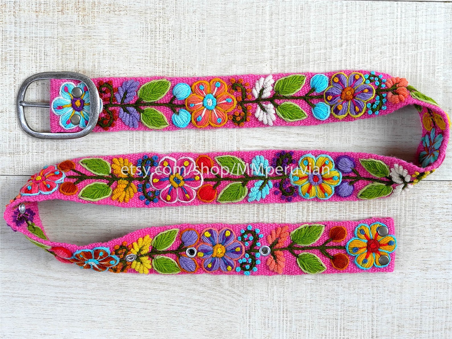 Hand Embroidered Belt Floral Pink, Wool Embroidered Belts, Floral ...