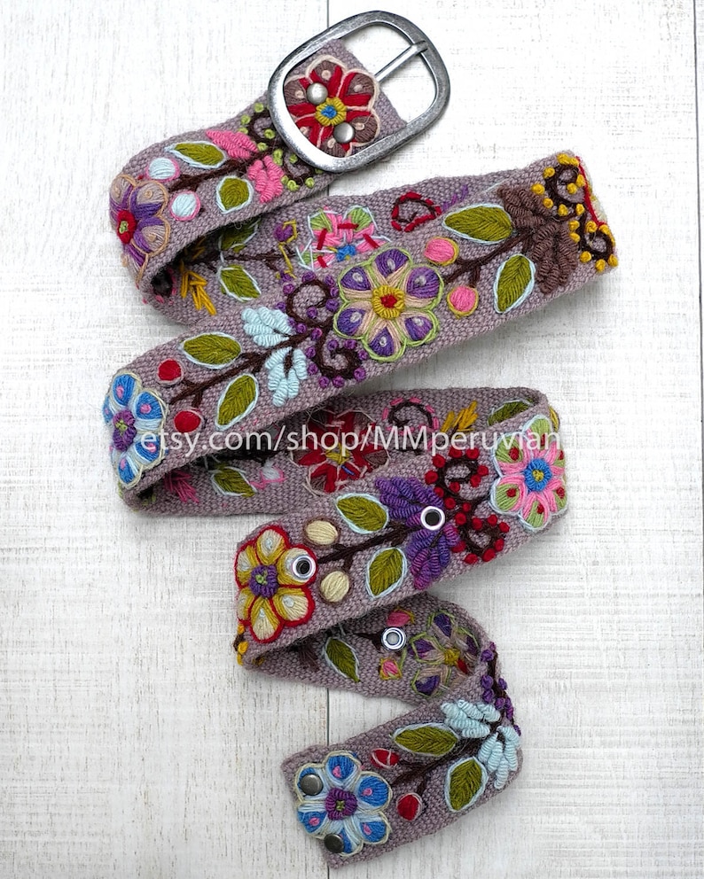 Peruvian Embroidered Belt Floral GRAY Natural Organic Dyes , Belt ...