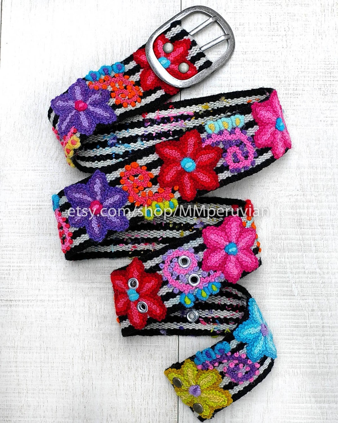 Embroidered Belt Floral Black and White, Wool Embroidered Belts, Floral ...