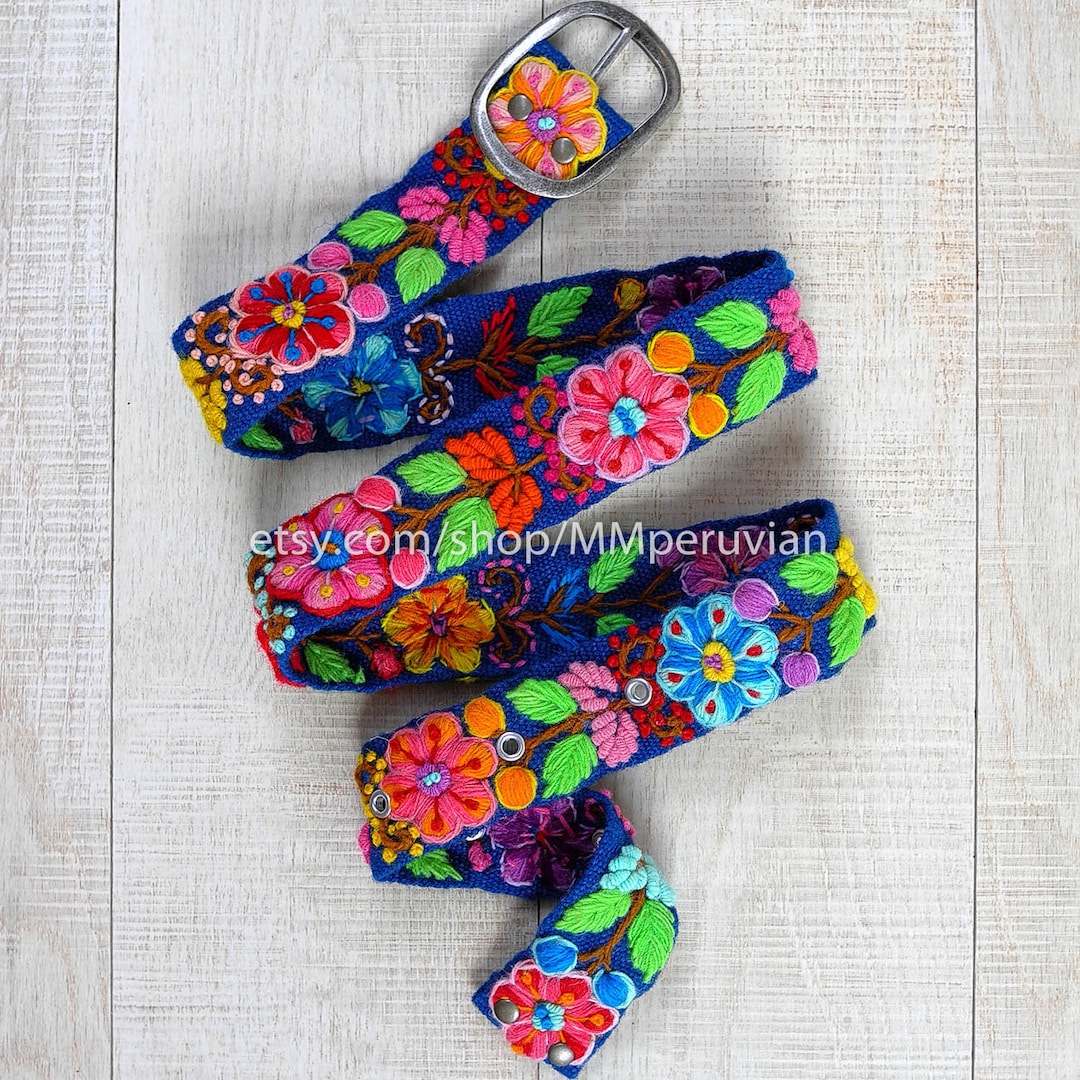 Embroidered Belt Floral Blue, Hand Embroidered Belts, Peruvian Floral ...