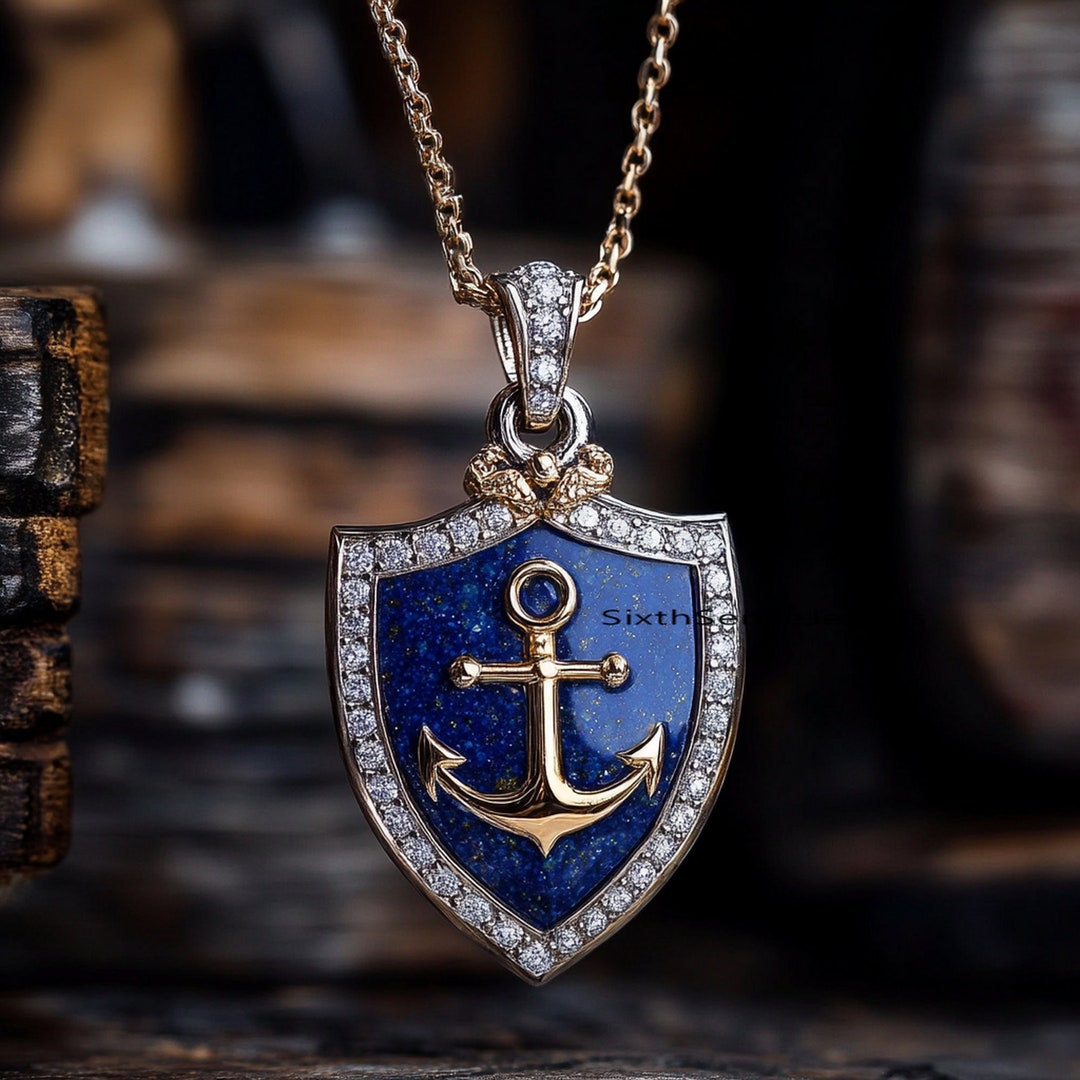 Lapis Shield Anchor Pendant: 925 Silver Gemstone Charm - Etsy