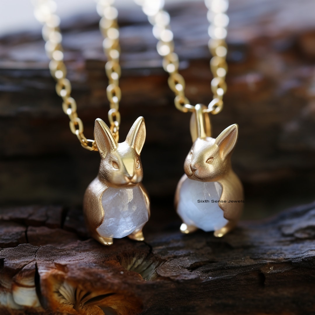 14K Gold Gemstone Rabbit Pendant, Gold Bunny Charm Pendant, Gemstone ...