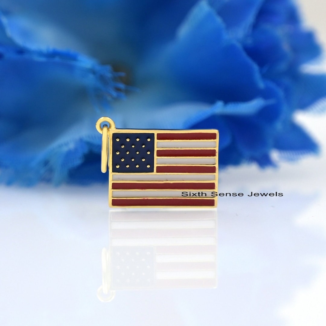 USA Flag Pendant 14k Solid Gold, Enameled United States Flag Pendant ...