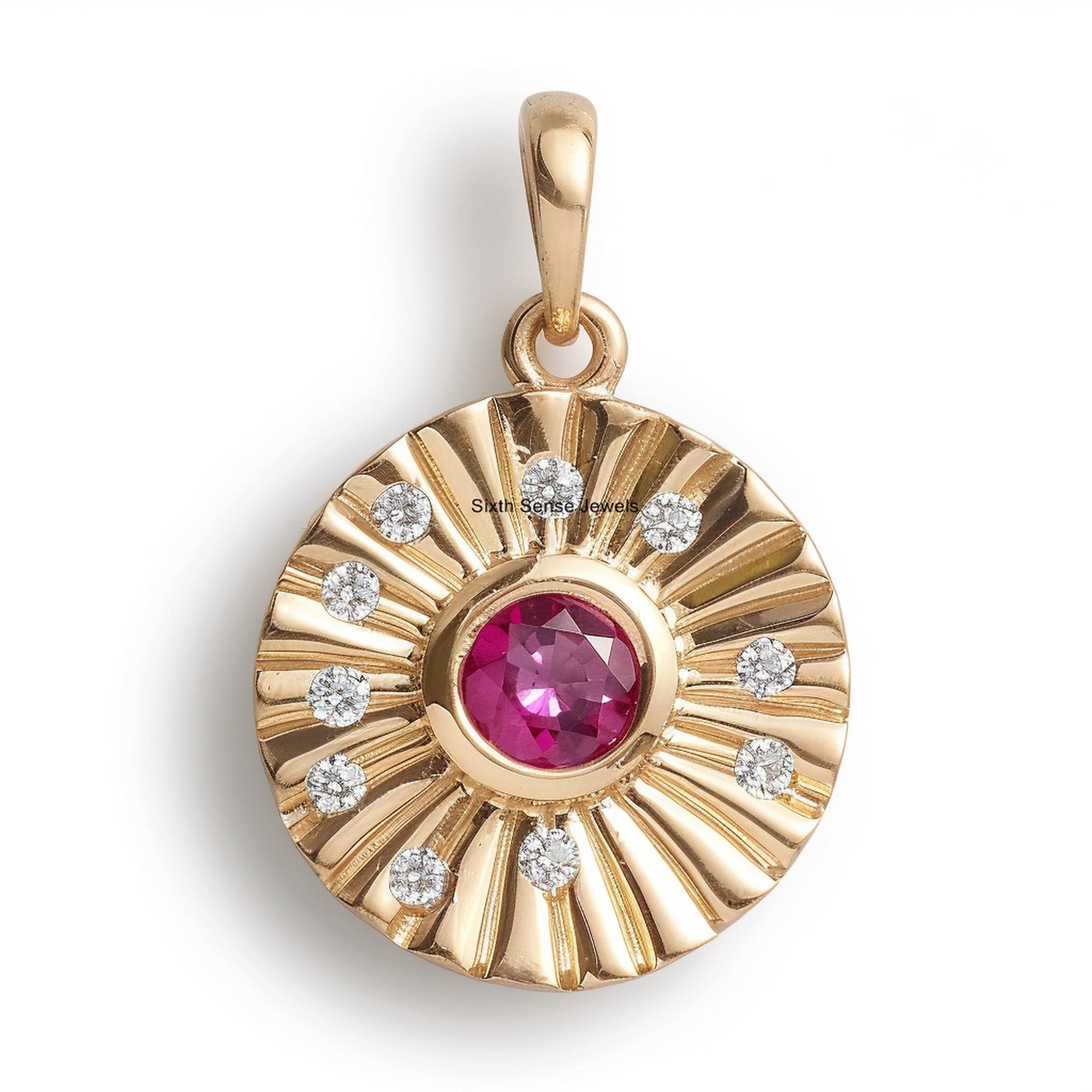 14K Gold Fluted Round Pendant, Circle Sunshine Pendant, Ruby Fluted ...