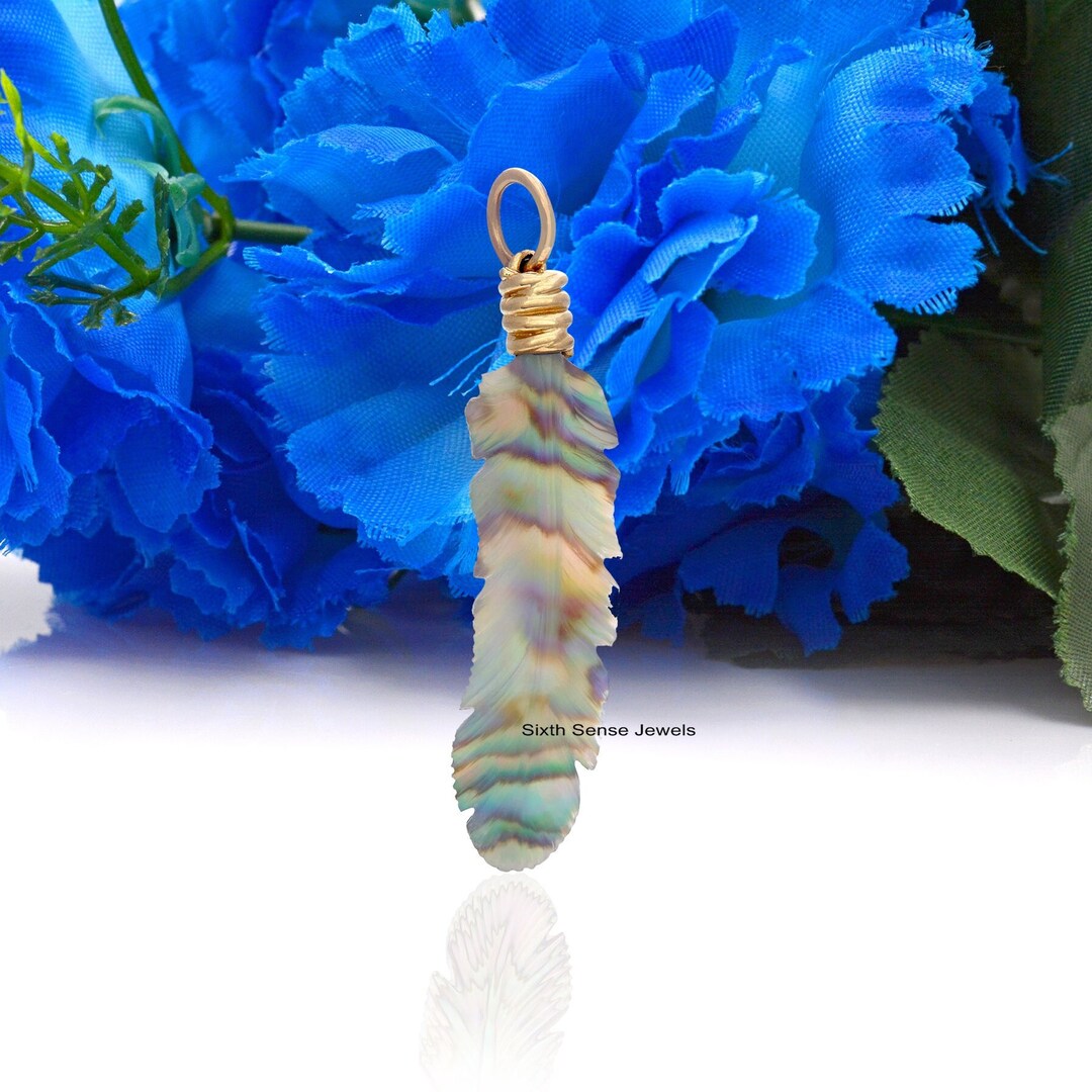 14K Gold Abalone Feather Pendant, Abalone Feather Pendant, Carved Shell ...