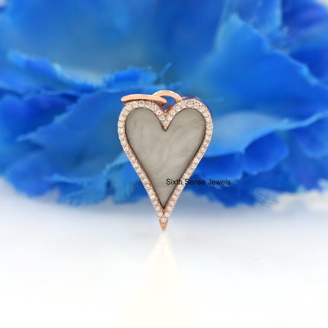 14K Gold MOP Heart Pendant, Pave MOP Heart Pendant, Elongated Heart ...