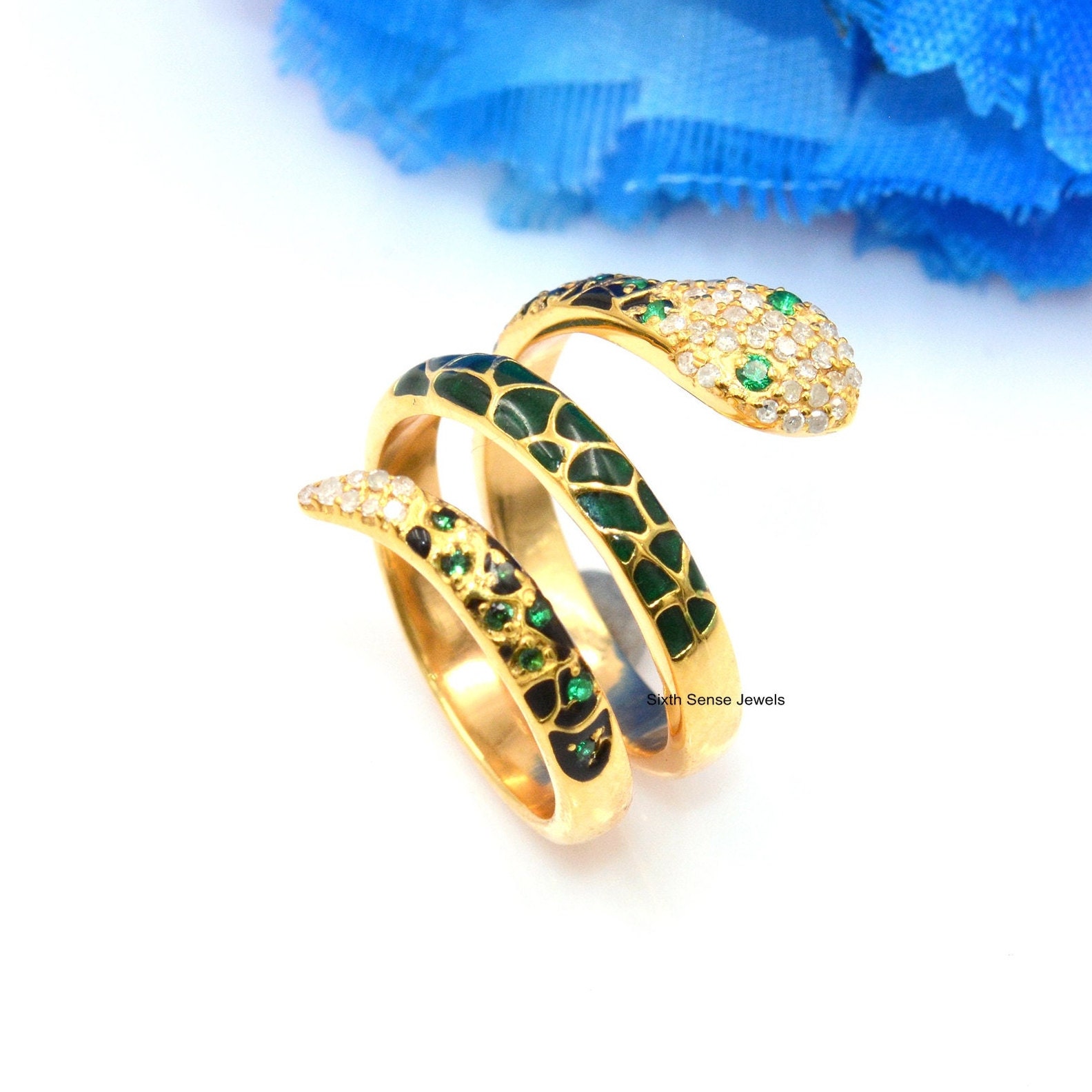 925 Silver Diamond Emerald Green Enamel Snake Ring - Etsy