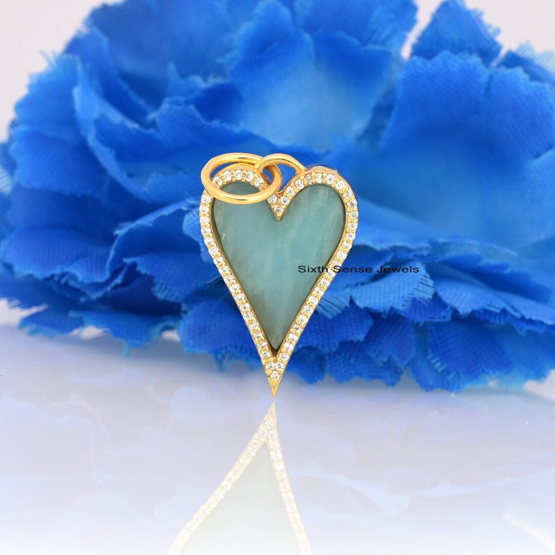 14K Gold MOP Heart Pendant, Pave MOP Heart Pendant, Elongated Heart ...