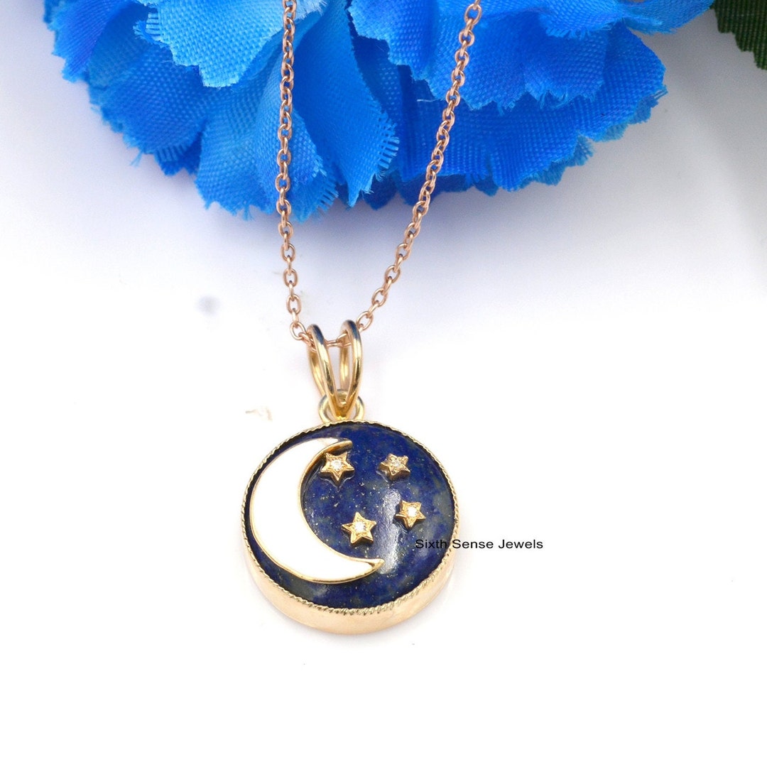 Lapis Lazuli Star Moon Disc Pendant, Star Moon Disc Pendant, Moissanite ...